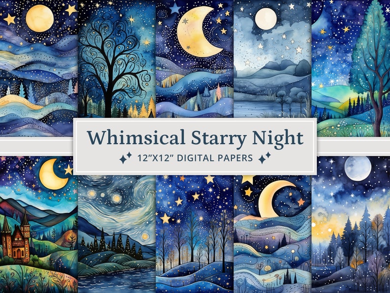18 Watercolor Whimsical Starry Night Digital Papers, Night Sky Texture ...