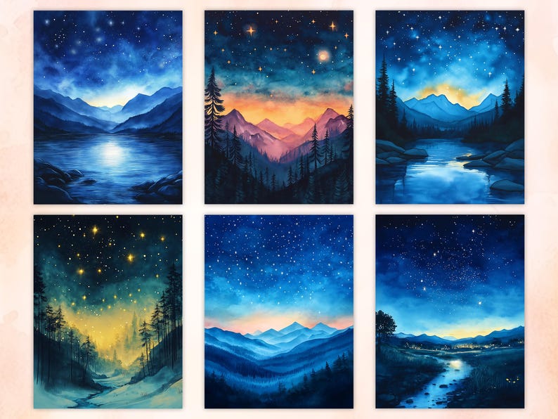 50 Starry Night Over Mountains Digital Papers, Lake, Sunset, Night Sky ...