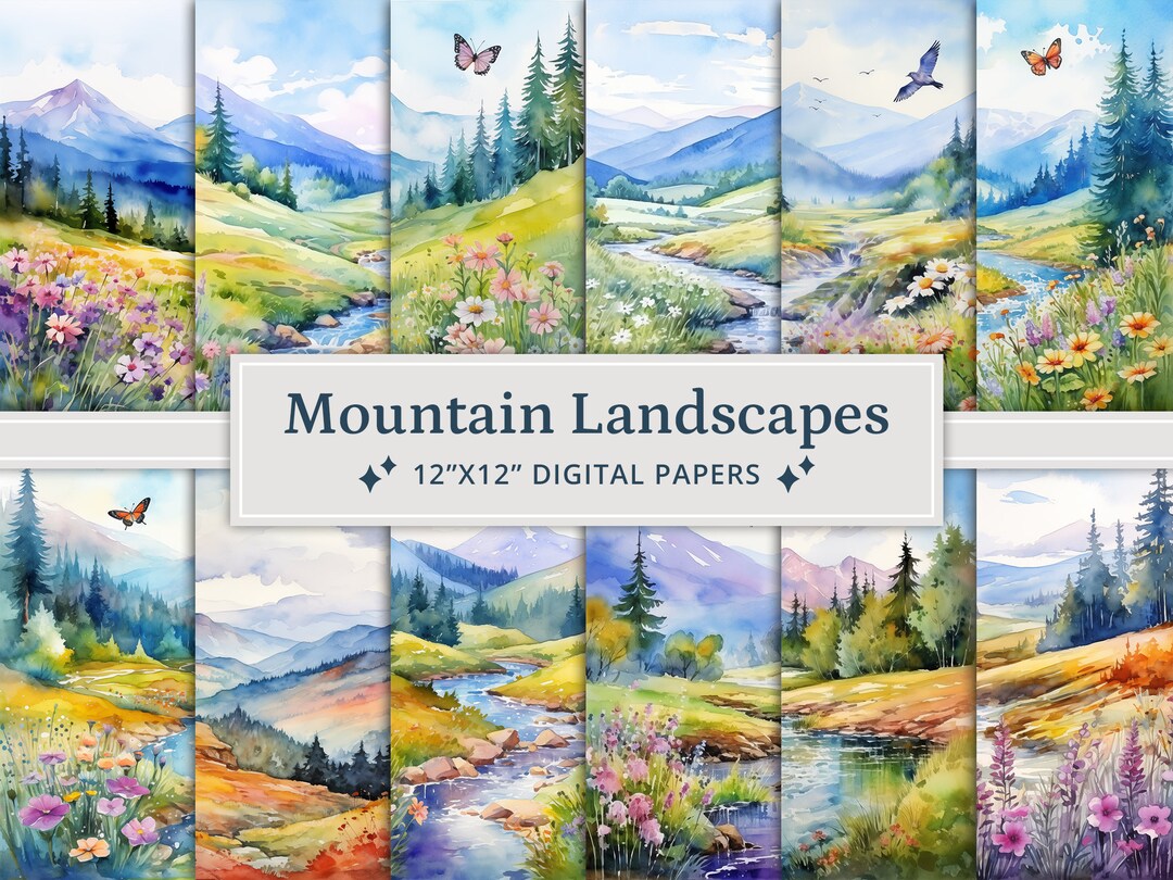 27 Watercolor Mountain Landscapes, Wildflower Mountains, Mountain ...