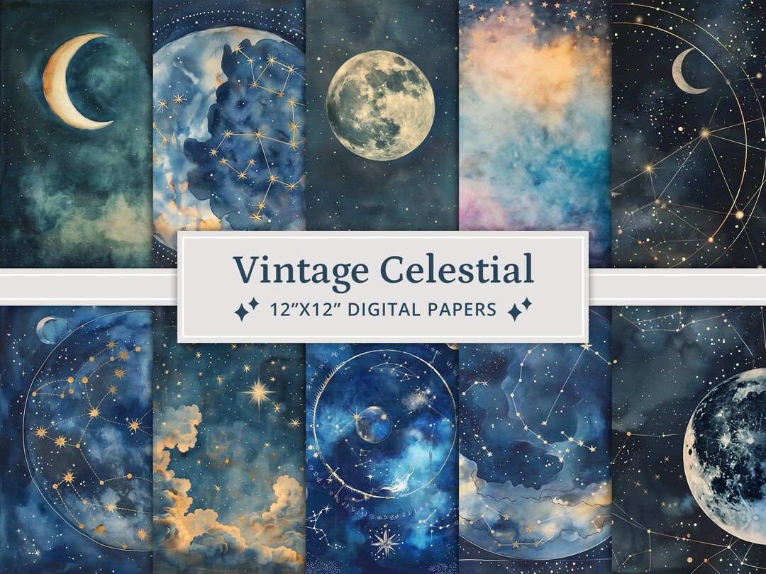 30 Vintage Celestial Digital Papers, Printable Scrapbook Paper, Galaxy ...