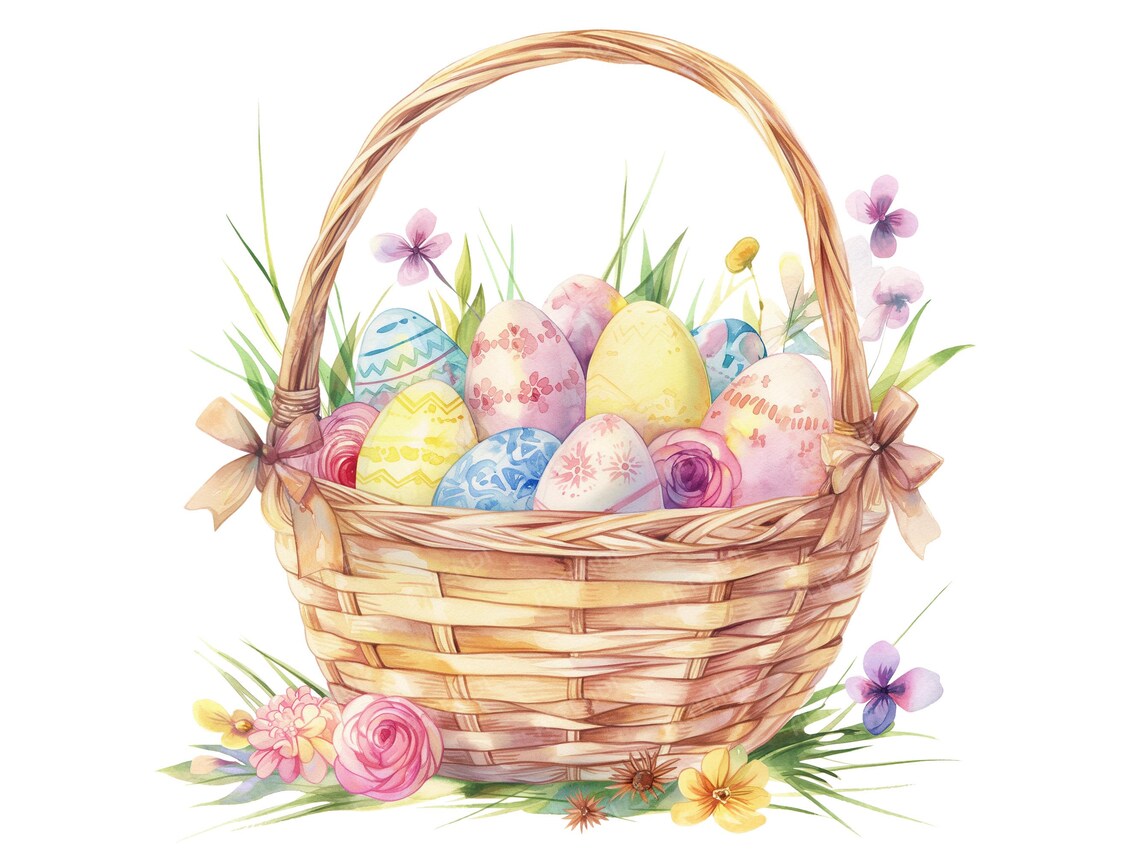 16 Watercolor Easter Baskets Clipart, Easter Eggs Clipart, Hand-painted ...