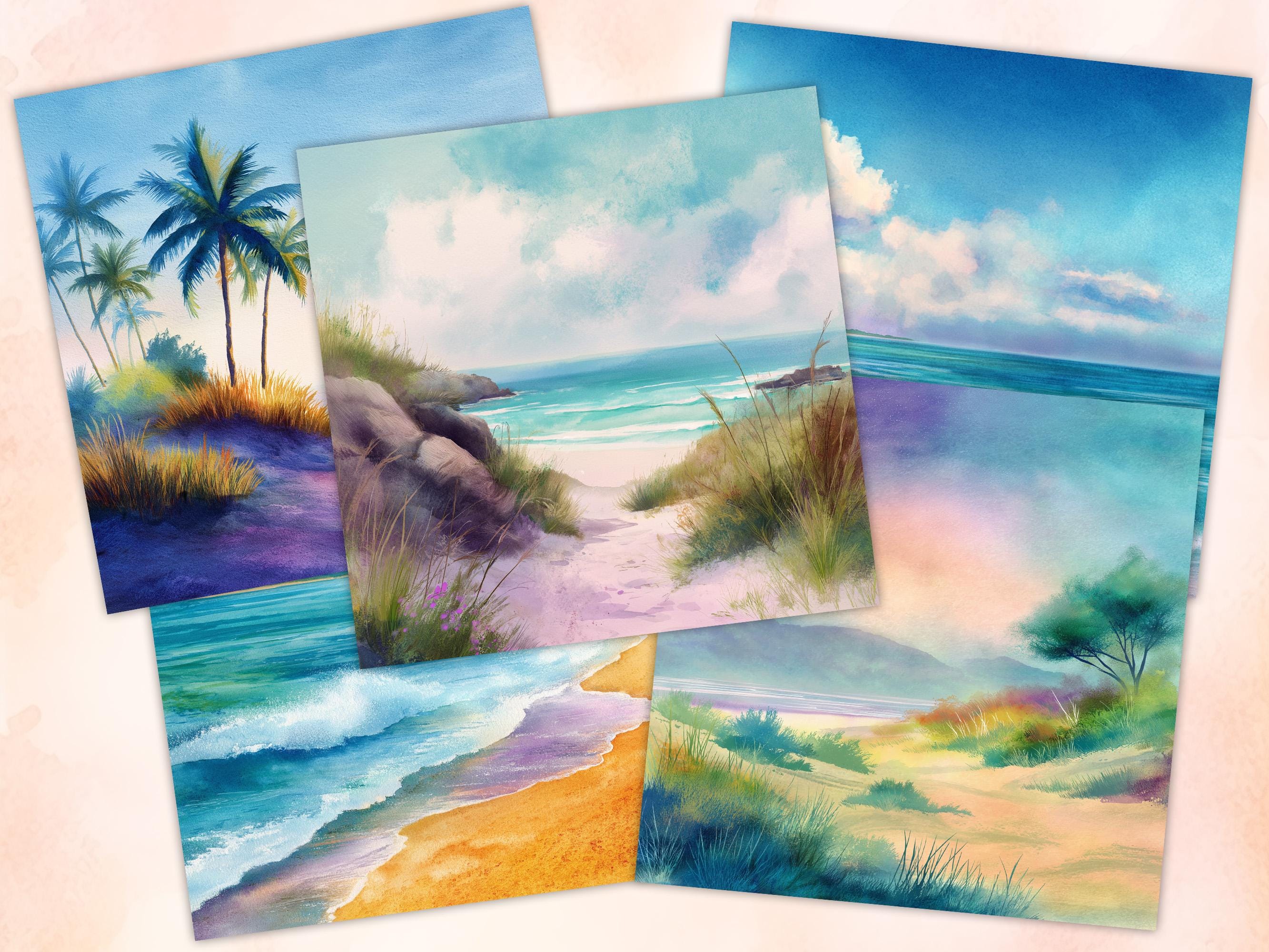 33 Watercolor Summer Beach Digital Papers, Summer Beaches, Beach ...