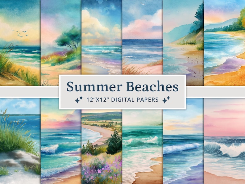 33 Watercolor Summer Beach Digital Papers, Summer Beaches, Beach ...