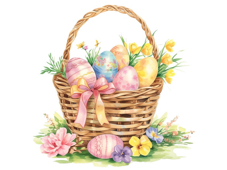 16 Watercolor Easter Baskets Clipart, Easter Eggs Clipart, Hand-painted Easter Eggs, Floral ...