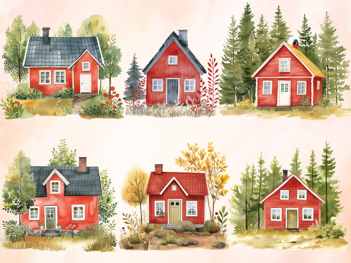 35 PNG Watercolor Scandinavian Cottages Clipart Bundle, Red ...