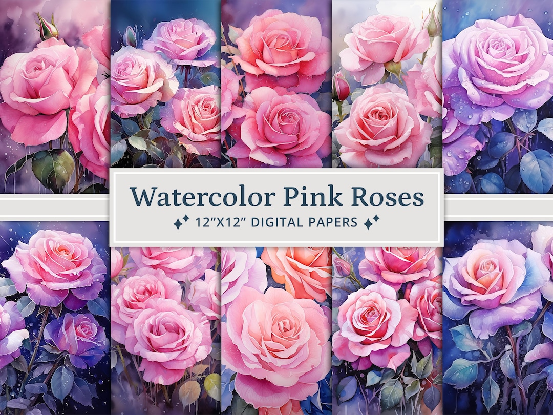 43 Watercolor Pink Roses Digital Papers, Fresh Roses, Floral Digital ...