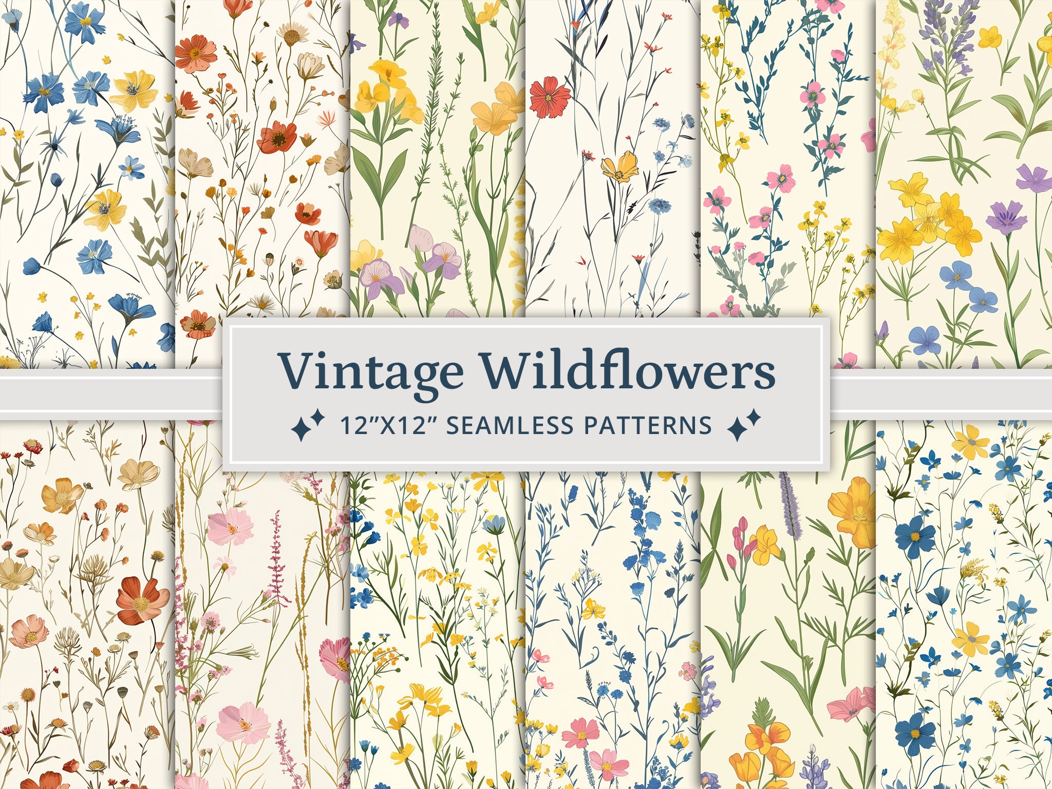 23 Vintage Wildflowers Seamless Digital Papers, Wildflower Seamless ...