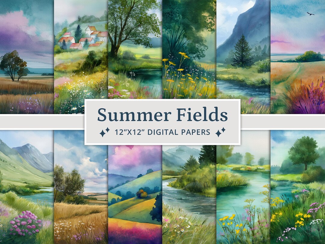 32 Watercolor Summer Fields Digital Papers, Wildflowers, Flowers ...