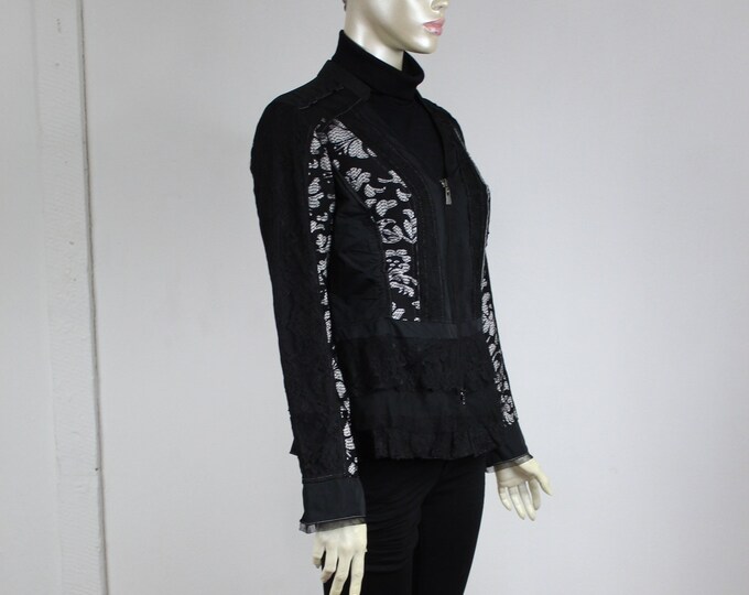 Black Lace Jacket 00s Fitted Jacket Gothic Style Retro Biba Women Size ...