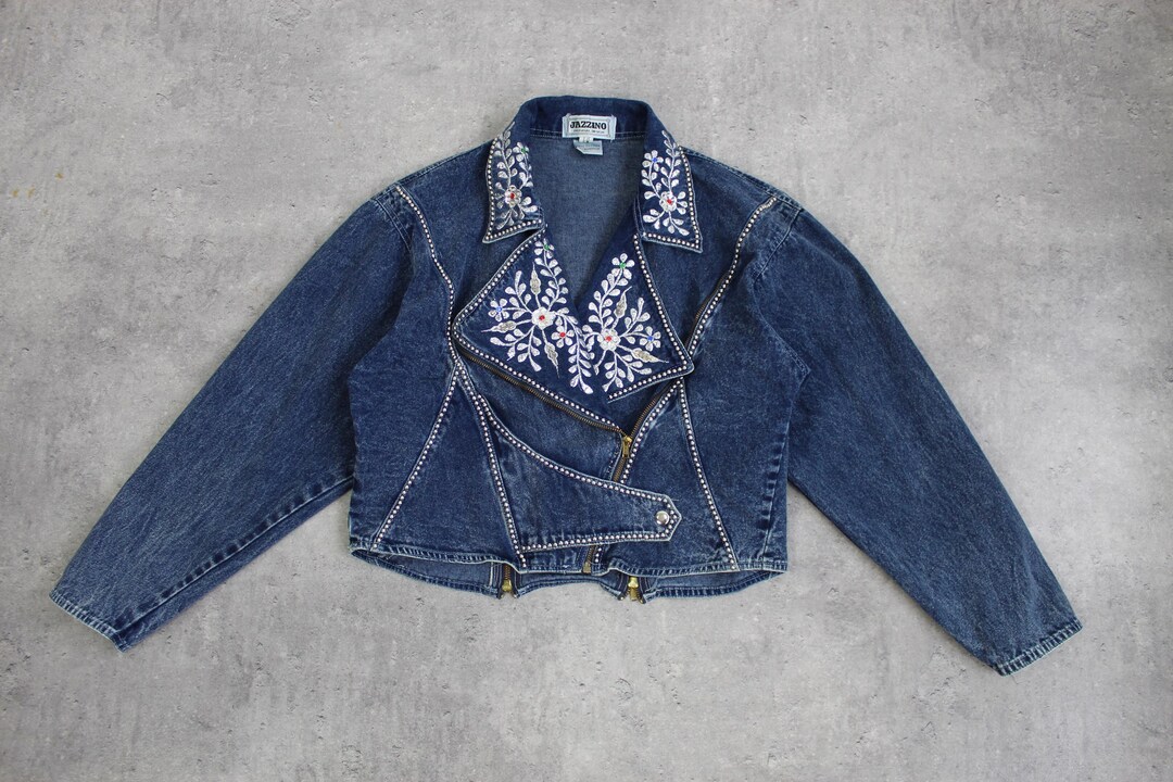 Vintage Embroidered Denim Jacket 80s Blue Perfecto Style Motorcycle ...