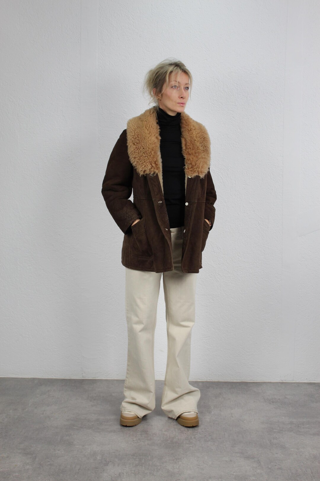 Vintage 70s Brown Suede Jacket Shearling Coat Sheepskin Winter Leather ...