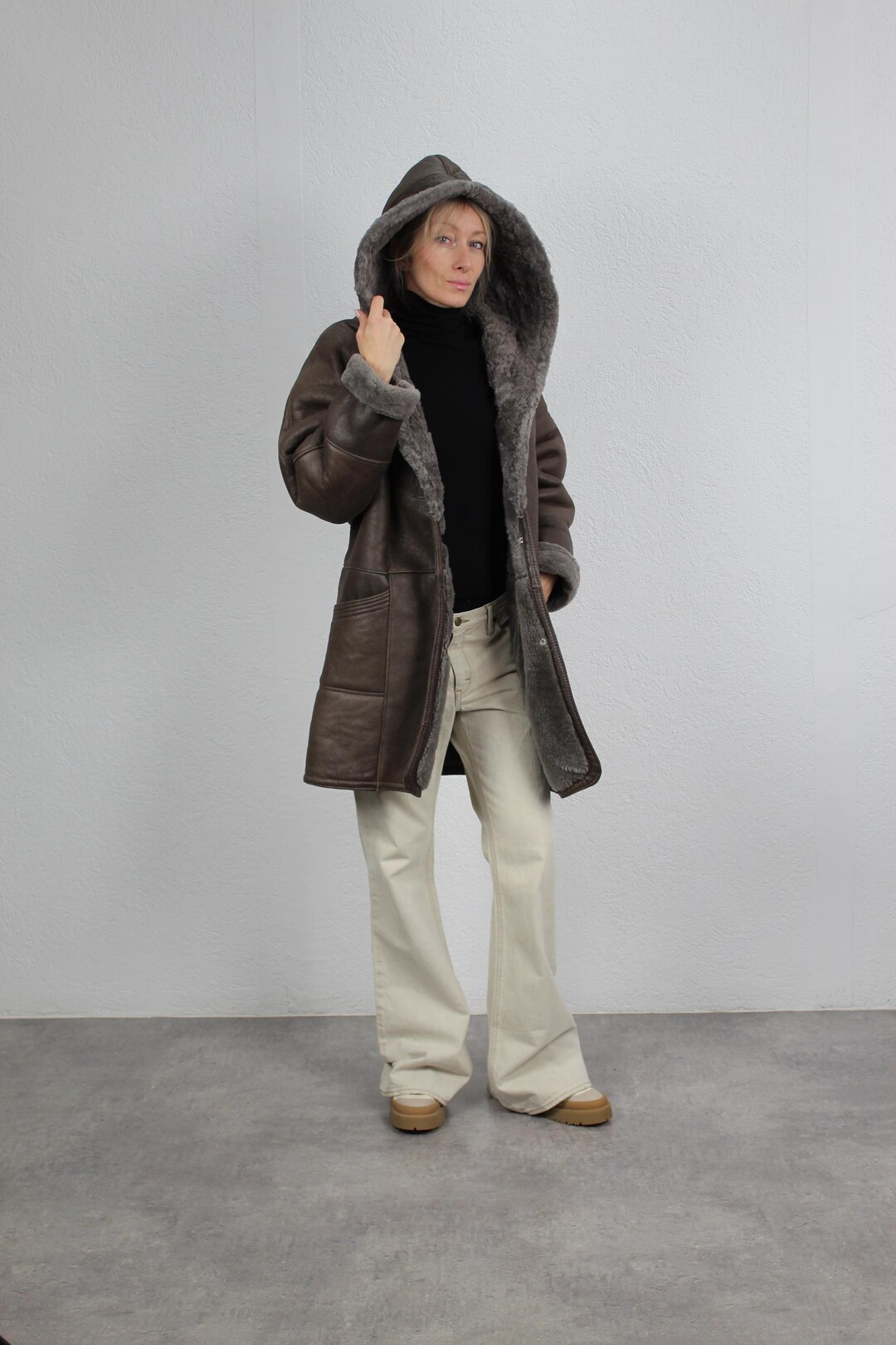Vintage Shearling 90s Jacke Hooded Genuine Leather Winter Fur Gray ...