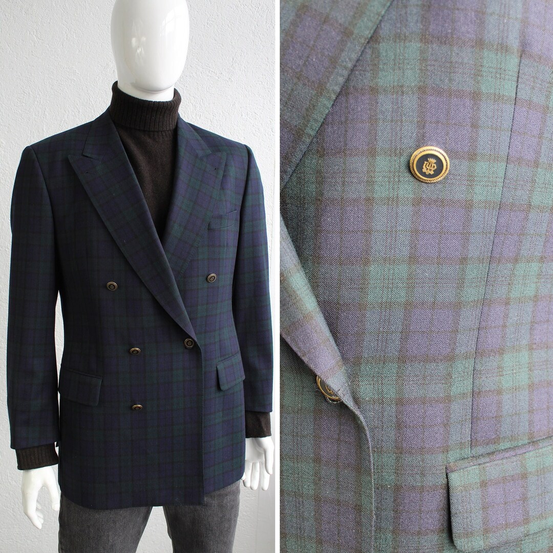 Double Breasted Blazer Checks 80s Tartan Jacket Plaid Navy Green Wool ...