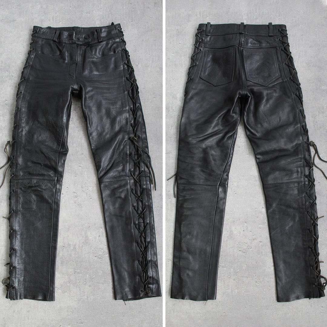 Black Leather Pants 80s Lace up Trousers Womens Small, Men's XXS I ...