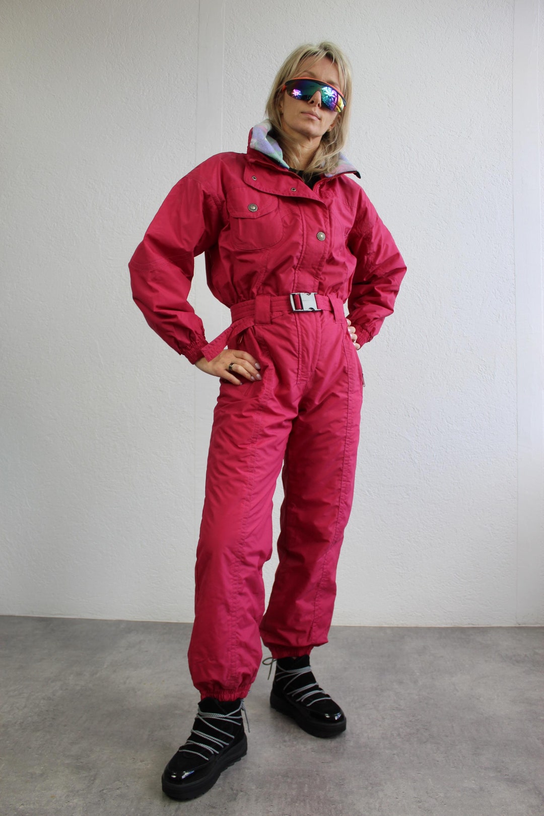 Ski Suit Raspberry One Piece Ski Suit Women M Winter Vintage Jumpsuit ...