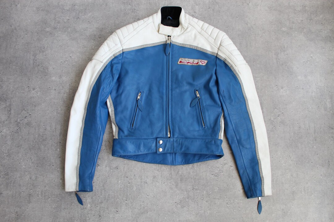 Blue Biker Jacket 90s Racing Motorcycle Cropped Jacket Women Medium ...