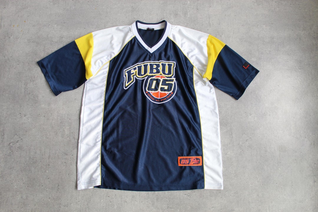 Y2K Fubu Jersey Navy Blue and White Fubu USA Bronx Vintage 2000s Rap NYC T-shir Size Large ...