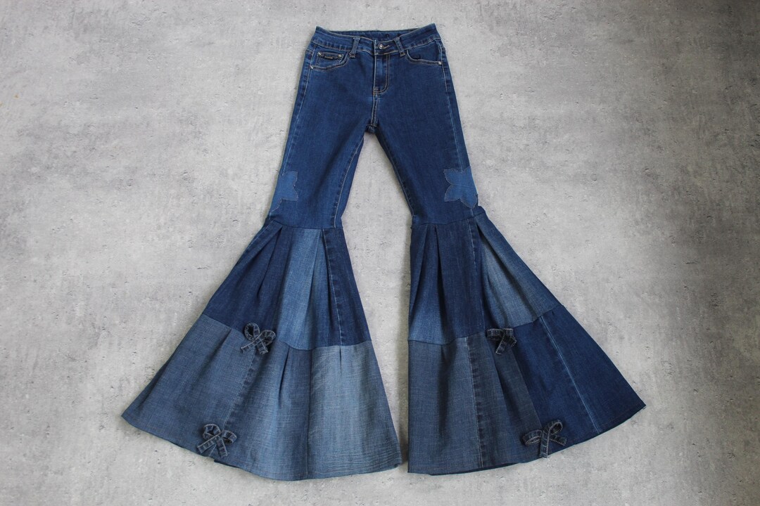 Bell Bottom Jeans 70s High Waist Denim Jeans Ruffle Tiered Bell Bottom ...