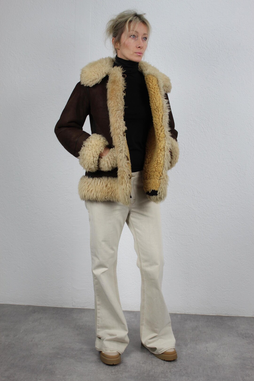 Vintage 70s Brown Suede Jacket Shearling Coat Sheepskin Winter Leather ...