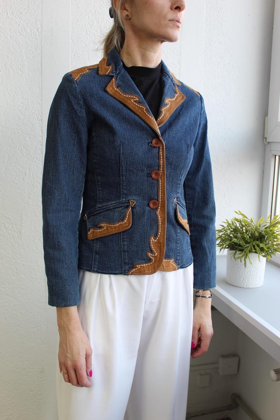 Western Style Denim Jacket 70s Blazer Deep V Neck Boh… - Gem