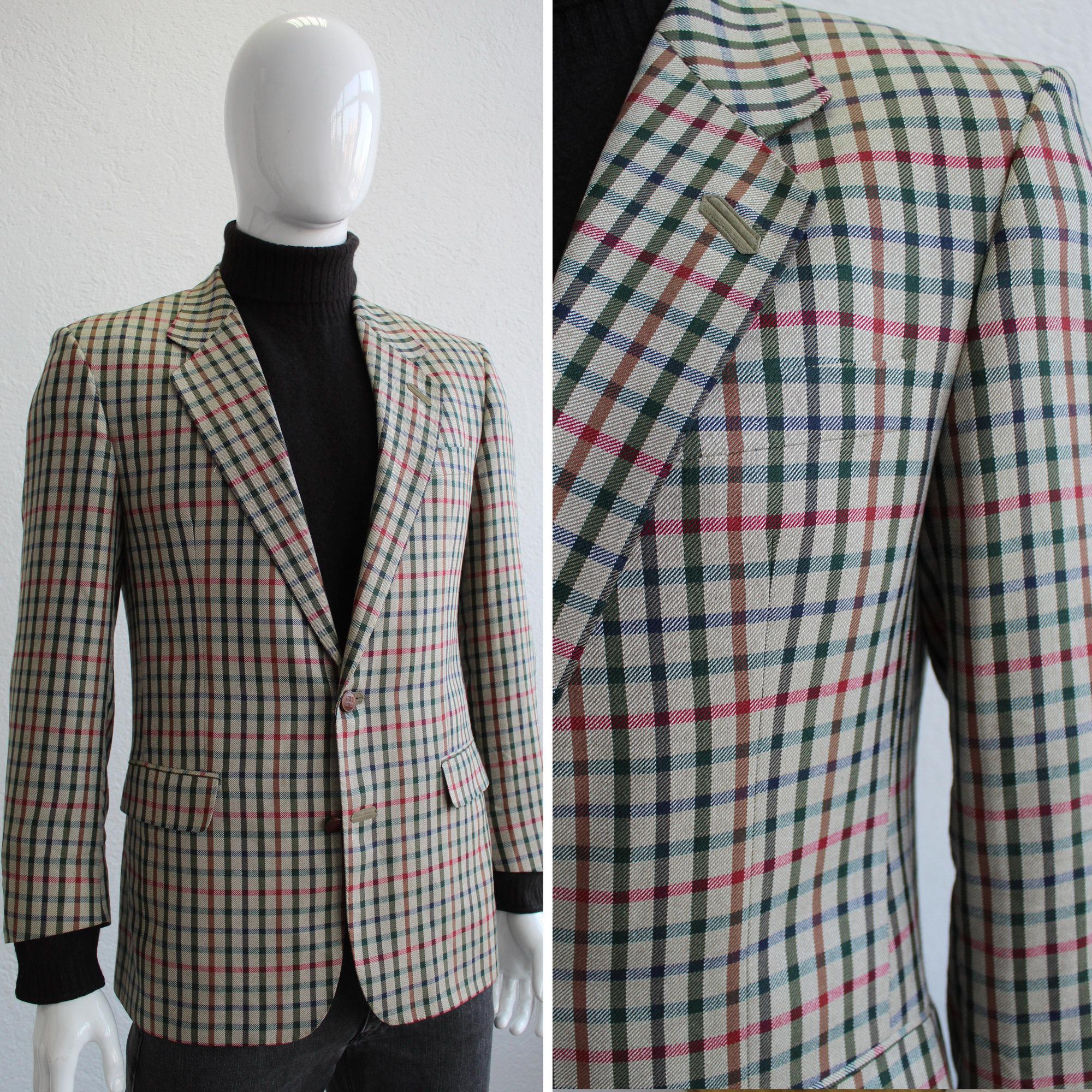 Daks Checkered Silk Wool Blazer Vintage Jacket Plaid Green Beige Red Nova Check Menswear Button ...