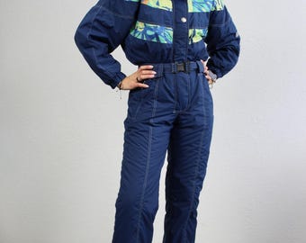 Vintage Ski Suit Color Block One Piece Ski Purple Jumpsuit Men's XL, Women's 2XL Snowsuit Retro ...