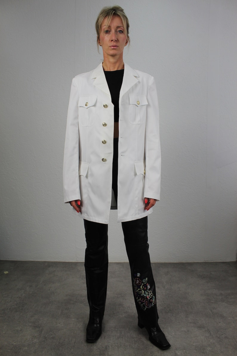 White Military Blazer Gold Button Army Jacket Commando Coat Vintage ...