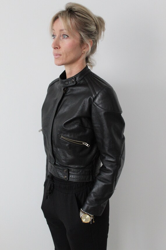 Black Leather Biker Jacket 70s Motorcycle Cropped Jac… - Gem