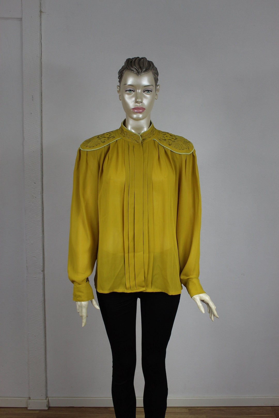 90s Mustard Officer Blouse Military Shirt Shoulder Epaulette Stand-up ...