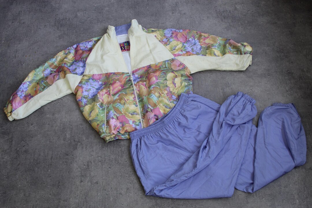 90s Floral Pastel Watercolor Print Tracksuit Vintage Multi Colorblock ...