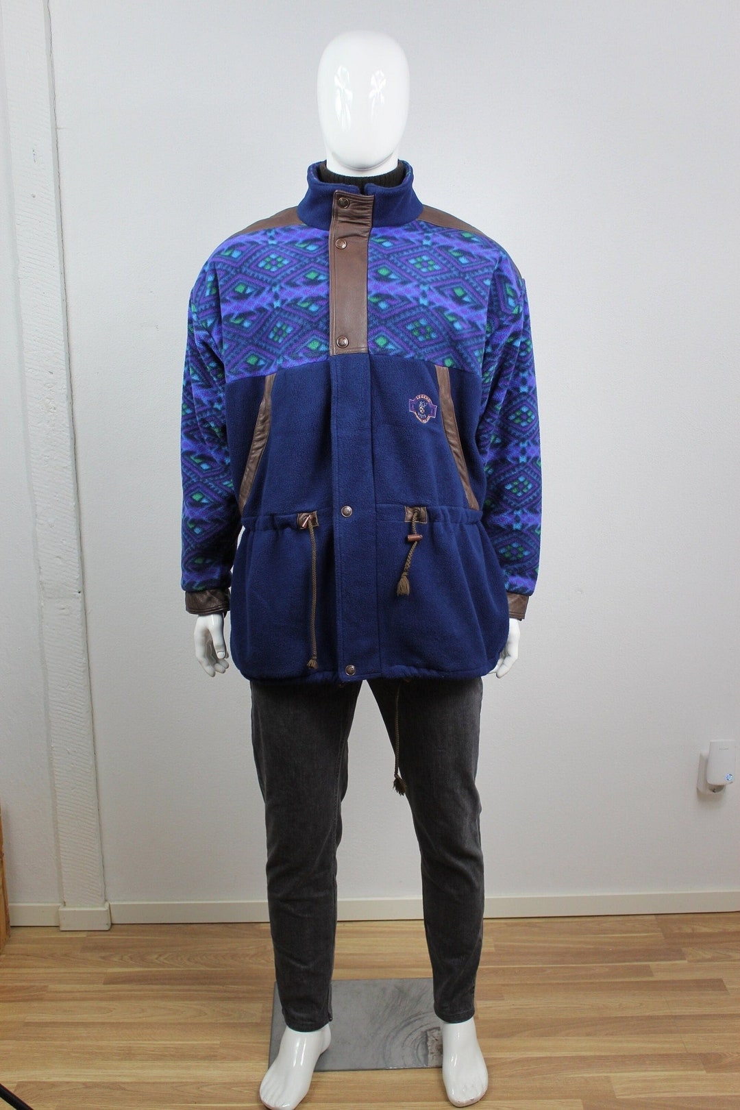 Winter Fleecejacke 90s Parka Geometric Zip up Fuzzy Coat Women's 3XL ...