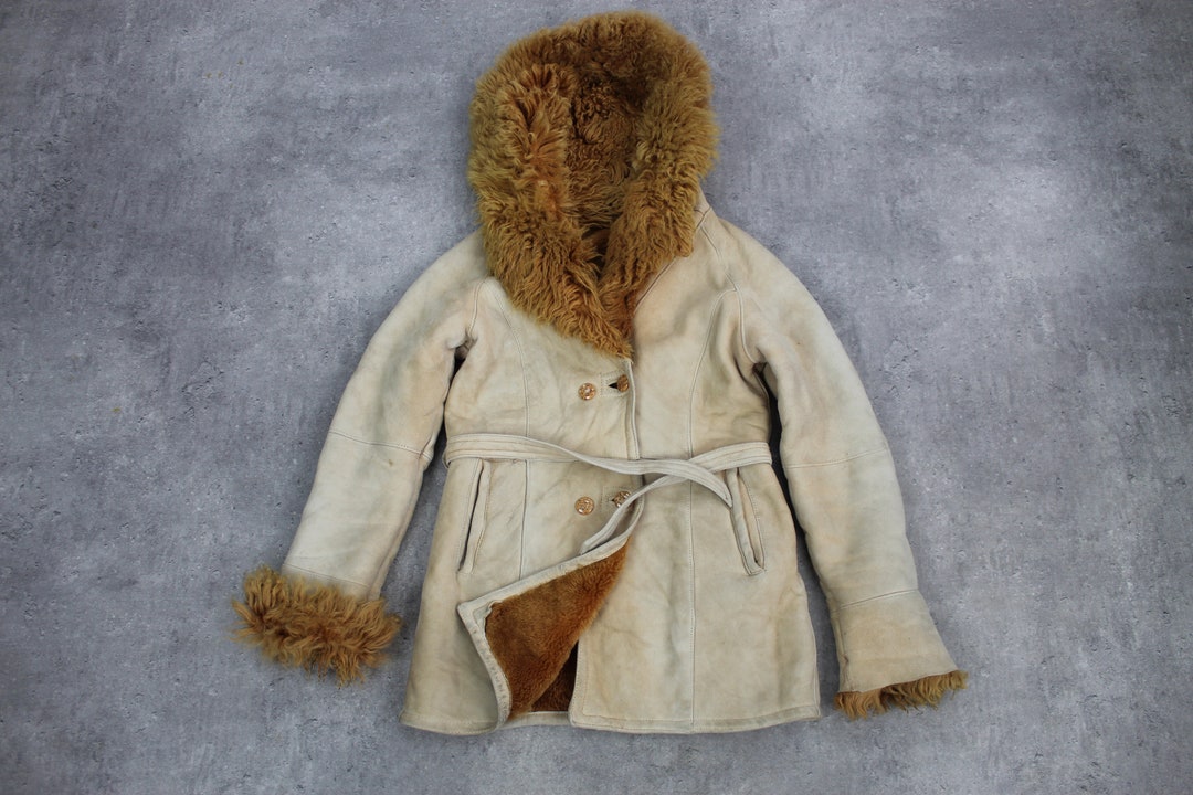 Vintage Shearling Jacke Hooded Genuine Leather Winter Fur Beige ...