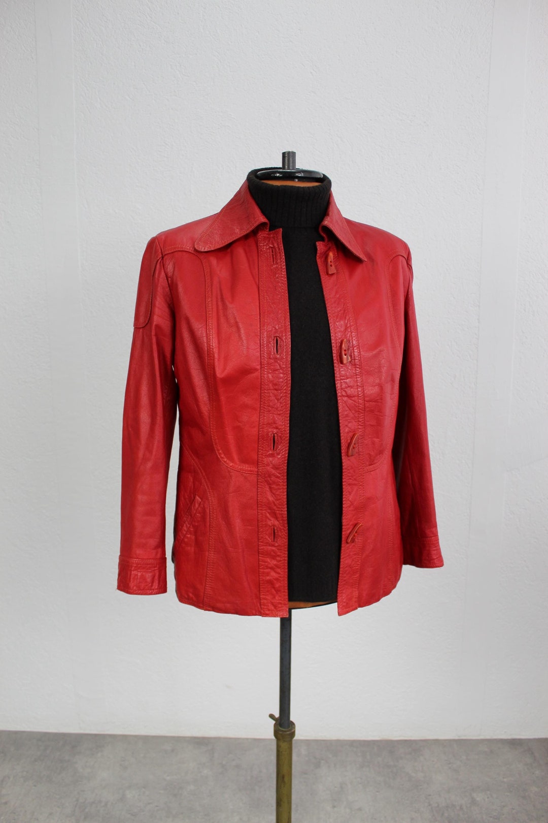 70s Leather Jacket Red Fitted Coat Retro Button up Beagle Collar Hippie ...