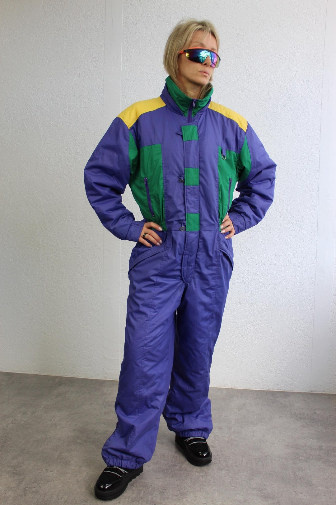 One Piece Ski Suit Color Block 80s Snowsuit Purple Winter Ski Suit ...