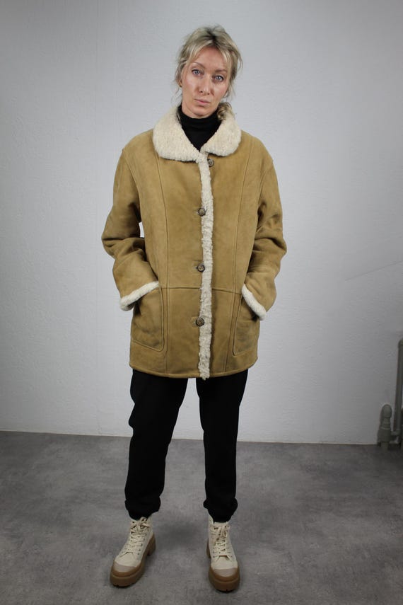 Shearling Jacket 90s Tan Sheepskin Leather Winter Out… - Gem