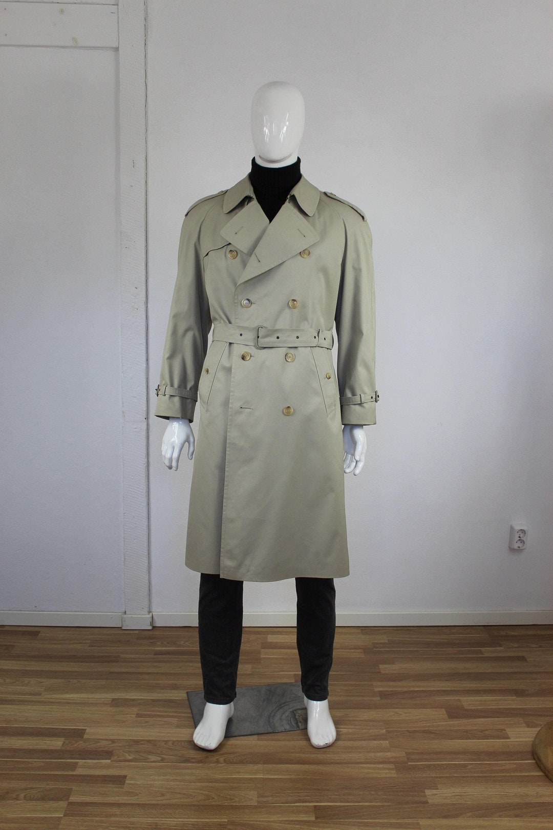 80s Trench Coat Khaki Belted Jacket 1980s Double Breasted Jacket Gray ...