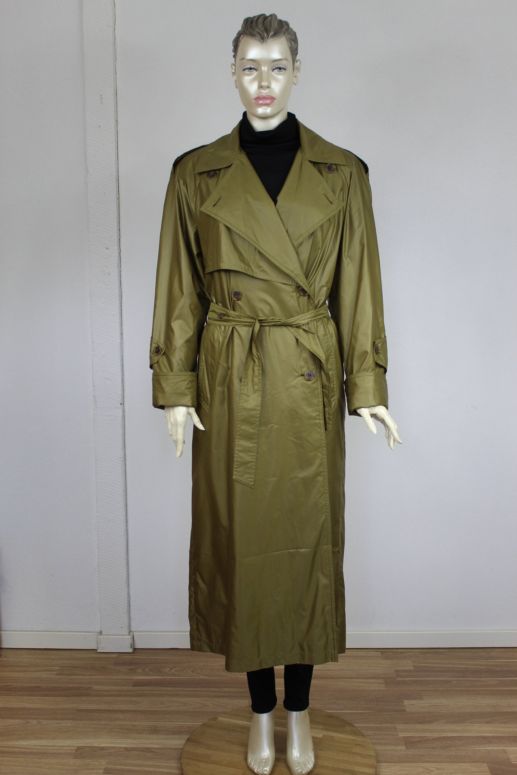 Medium 80s Gold Iridescent Belted Trench Coat Long Vintage Double ...