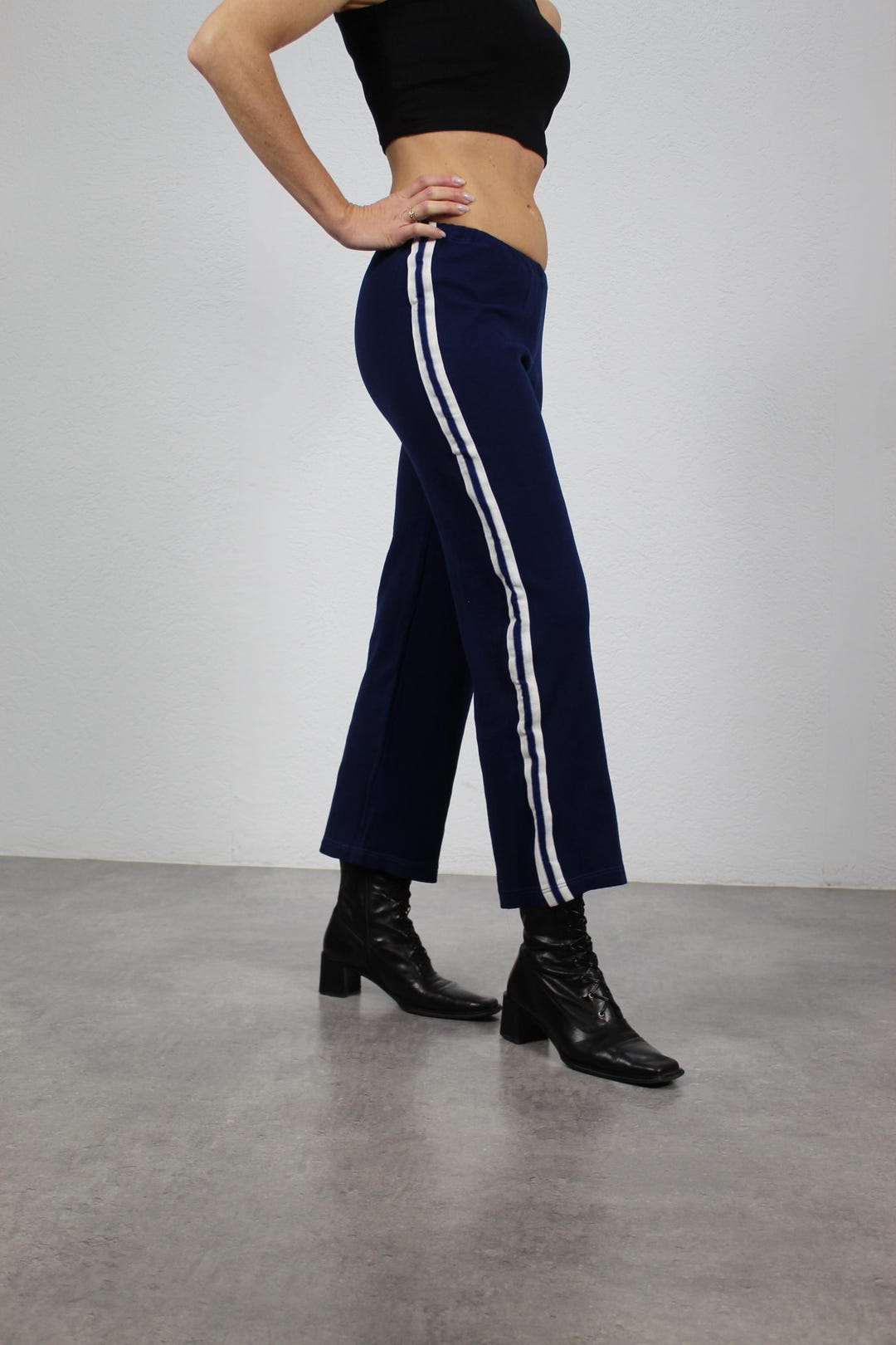 Navy Blue Track Pants 70s Stripe Warm up Capri Sport Athletic Jogging ...