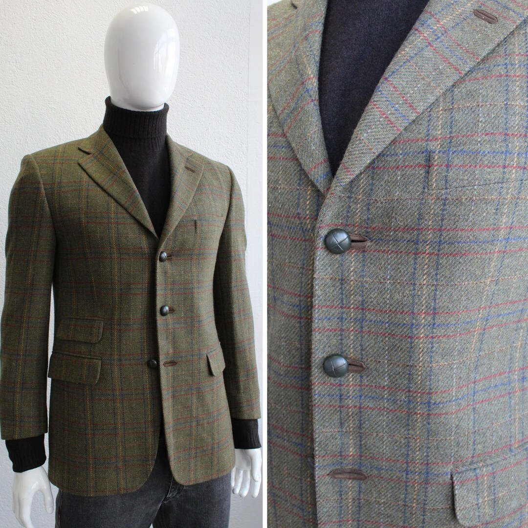 Daks Tweed Jacket Vintage Blazer Tartan Wool Plaid Green Khaki Blue Elbow Patches Menswear ...