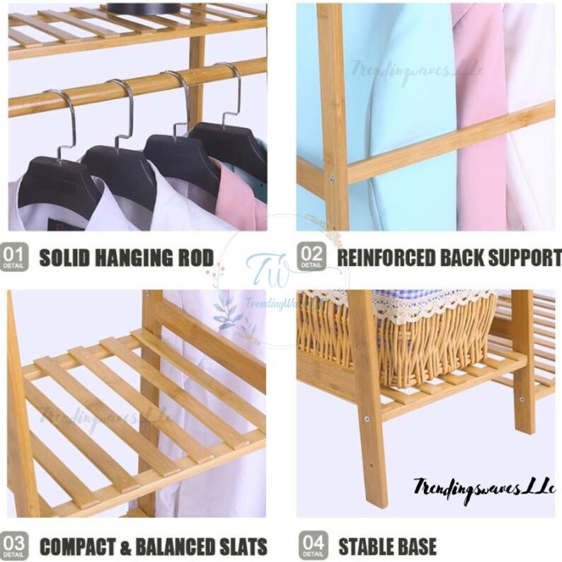 Bamboo Garment Rack 7-tier Storage Shelves Clothes Hanging Rack ...