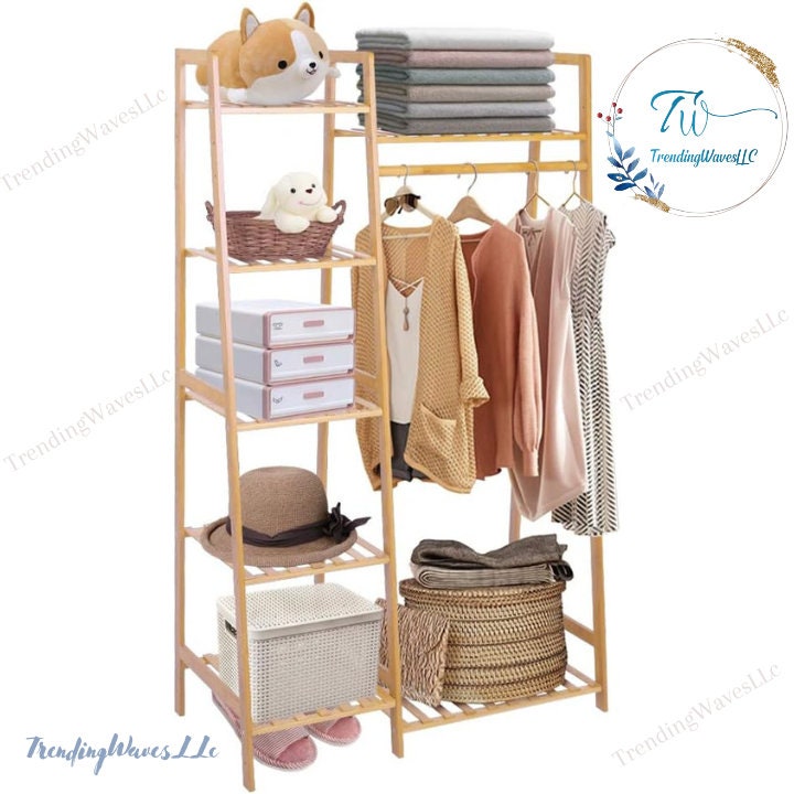 Bamboo Garment Rack 7-tier Storage Shelves Clothes Hanging Rack ...