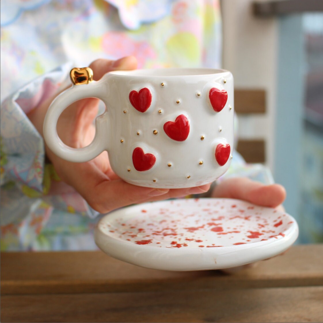 Handmade Ceramic Heart Mug With Handle 22K Real Gold Custom Valentine's ...