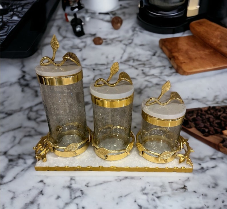 Hammered Glass Canister With Gold Metal Leaf Branch & Marble Lid ...