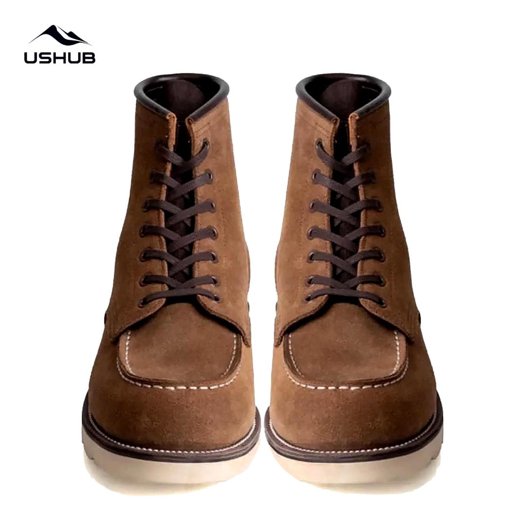 Brown Suede Leather Moc Toe Boots: Handmade Vintage Lace-up Ankle Boots ...