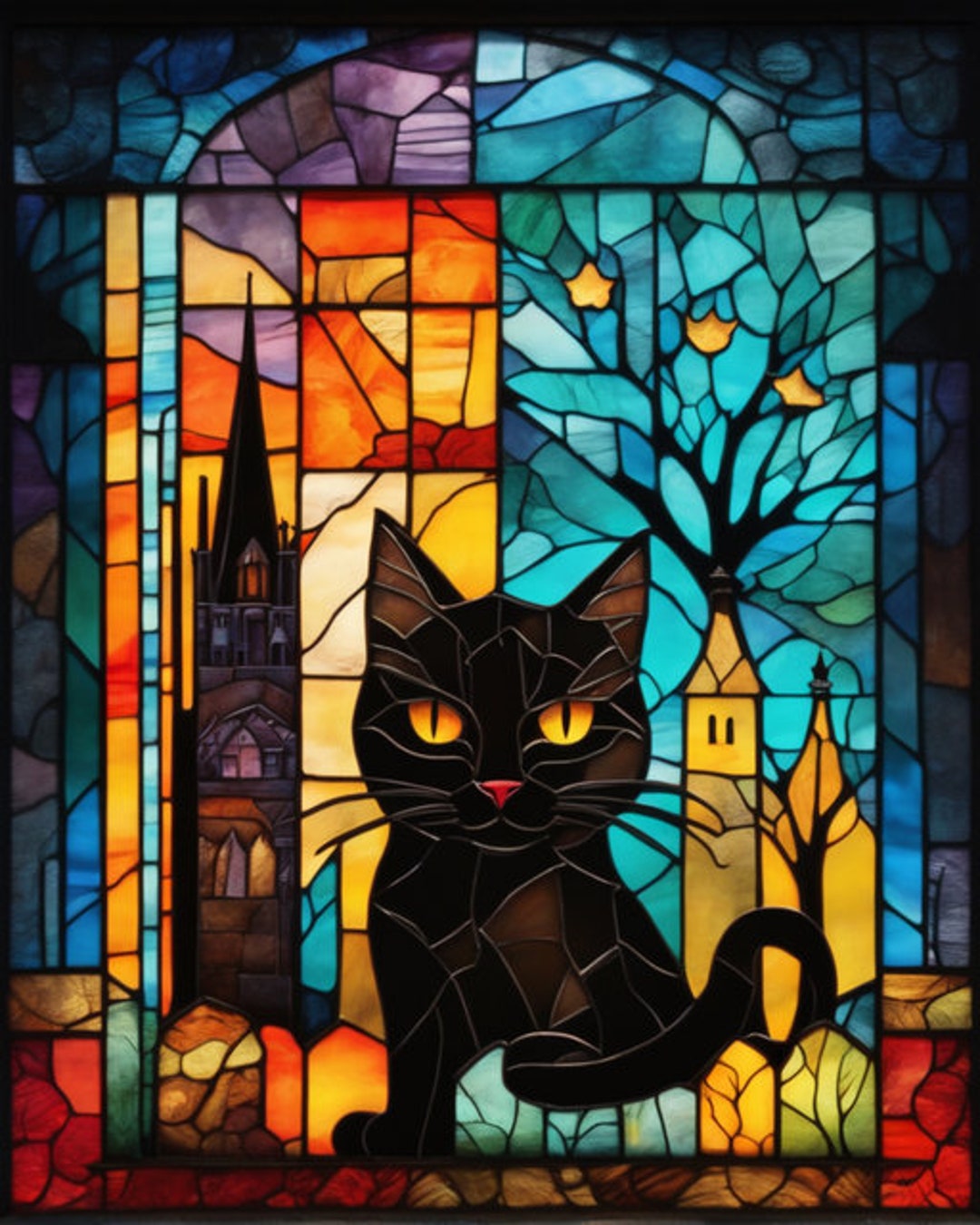 Stained Glass Art, Cat, Colorful, Glass Art, Digital - Etsy