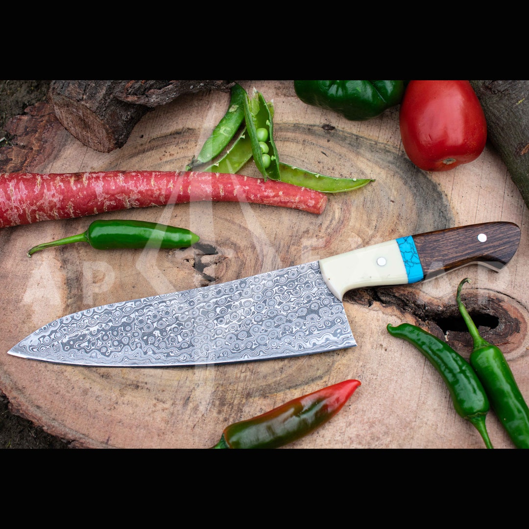 Chef Knife Rain Drop Damascus Steel Tri-color Handle With Leather ...