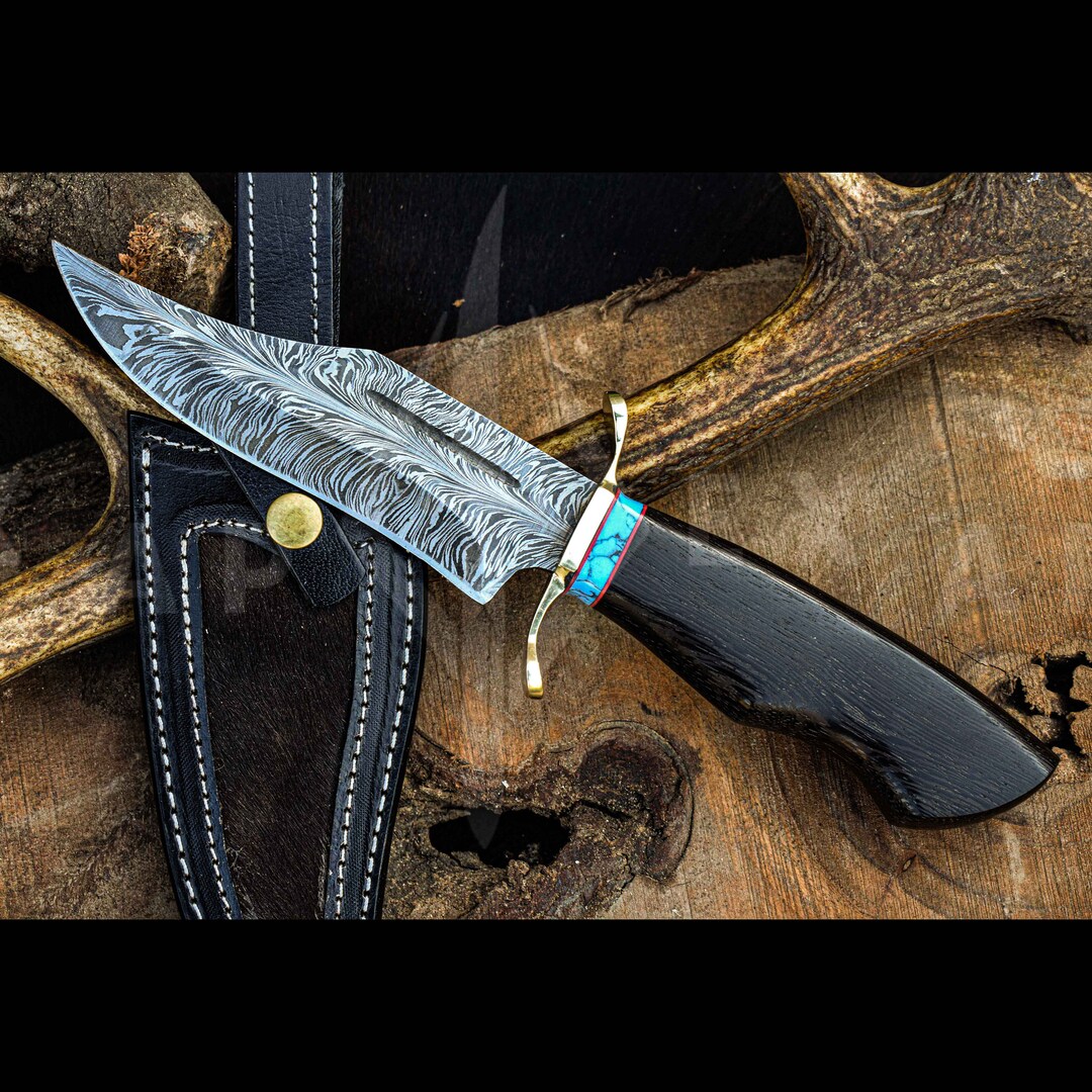 Feather Pattern Damascus Camping/hunting Knife With Brass Guard ...