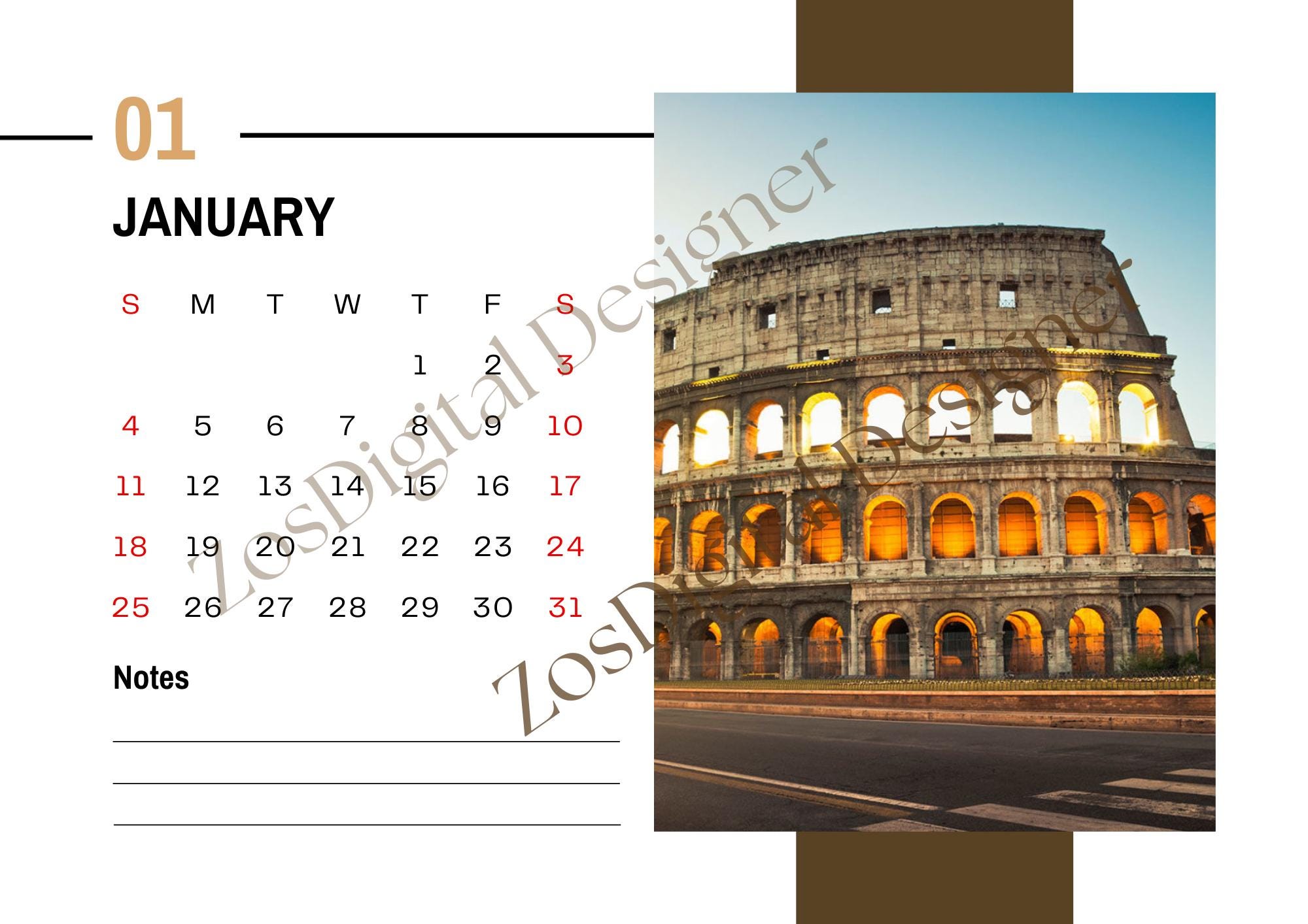 Printable Calendar Inspired by Famous Monuments - 2026 Digital Desk and ...