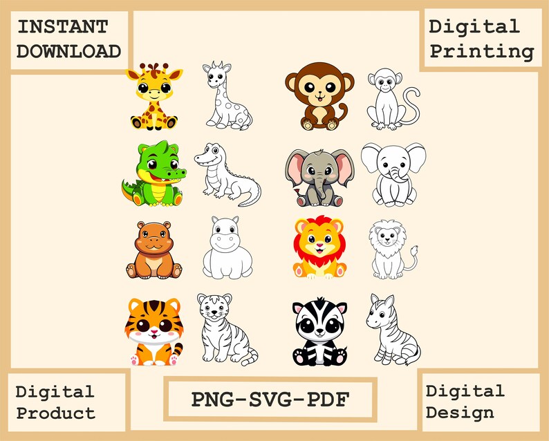 Safari Animals Outline Png SVG Cute African Jungle Animal Cut File ...