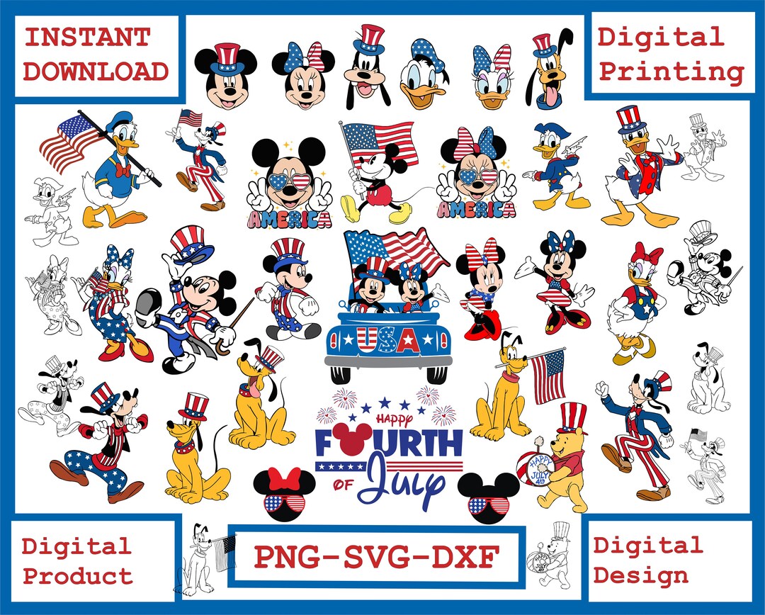 Mickey and Friends 4th of July Png Svg Clipart Bundle, Happy Fourth of ...